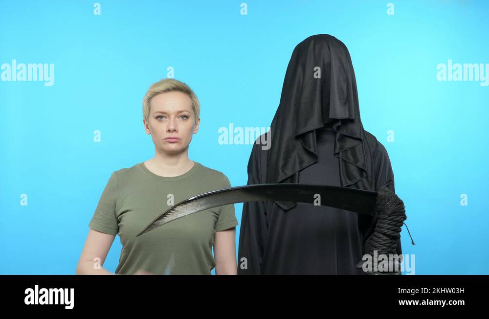 scene. blue background. the woman shows the syringe of death goes Stock ...