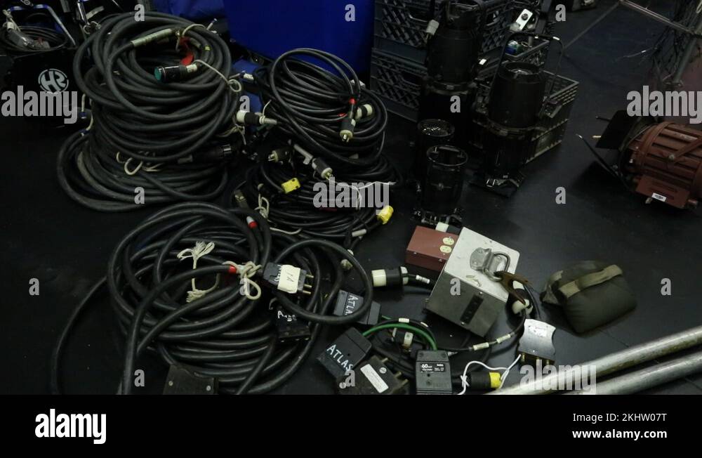 Piles of power cables behind the scenes on movie set 2 Stock Video ...