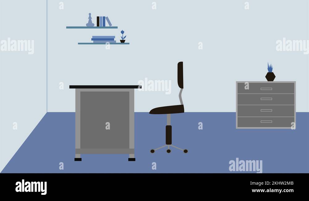 2D animation, young Caucasian man sitting down on chair in office. Red ...