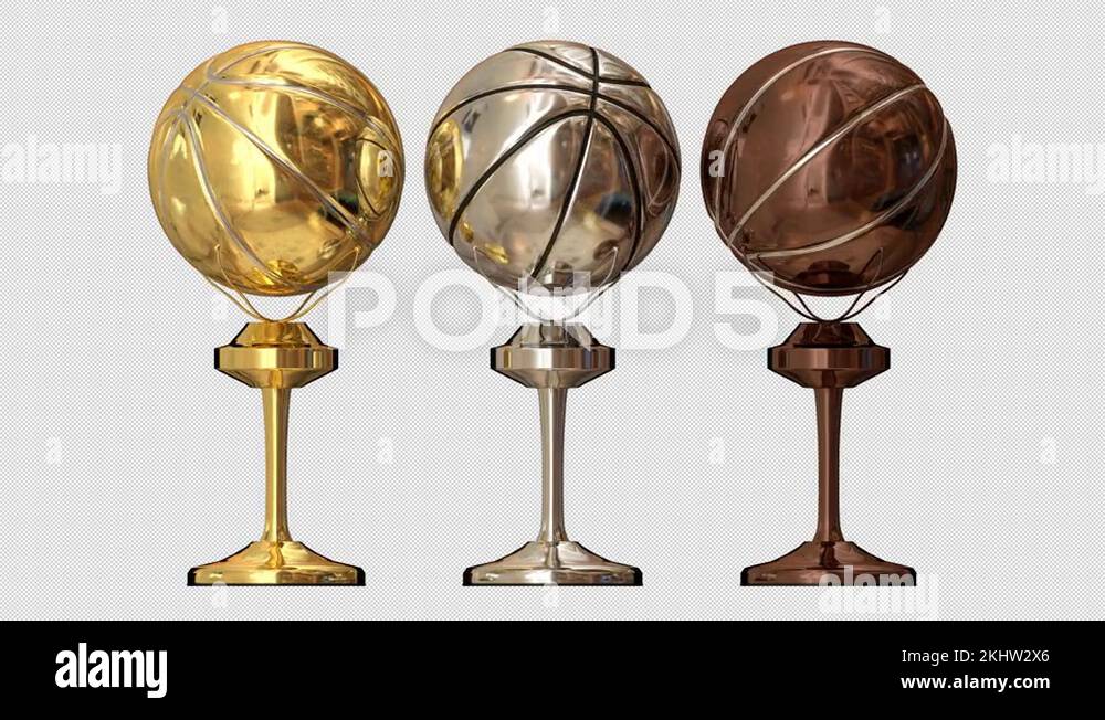 Animated rotating around spinning gold-silver-bronze basketball trophy ...