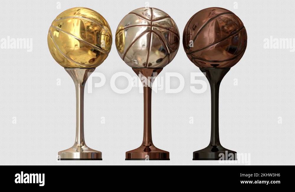 Animated rotating around spinning gold-silver-bronze simple basketball ...