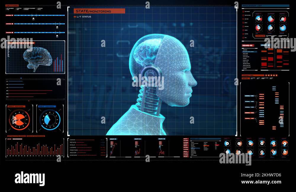 Humanoid robot with an AI brain, X-ray image with futuristic user ...
