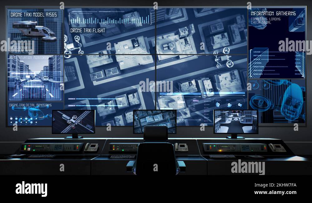 Drone taxi in city control center, top view, futuristic user interface ...