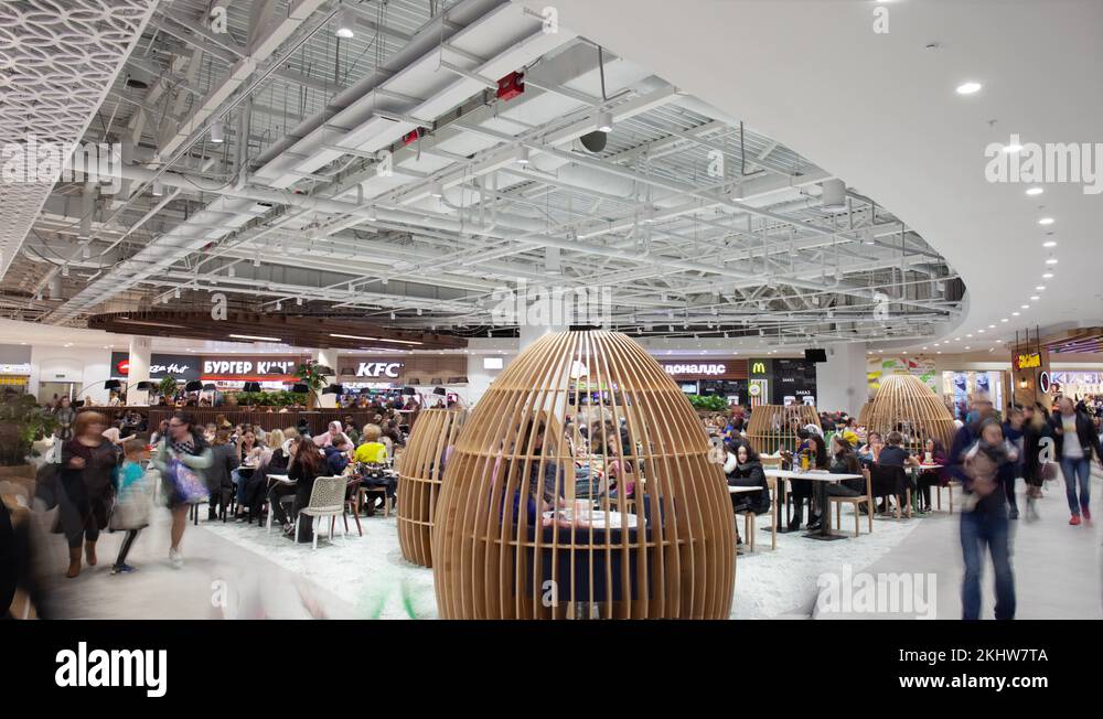 motion along food court with people crowd at new trade mall Stock Video ...