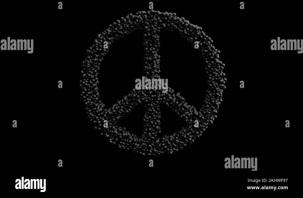 3d looped animation of peace symbol. Small balls shapes wavy surface ...