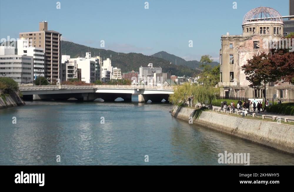 Overview of Atomic Bomb Dome and river in Hiroshima, Japan Stock Video ...
