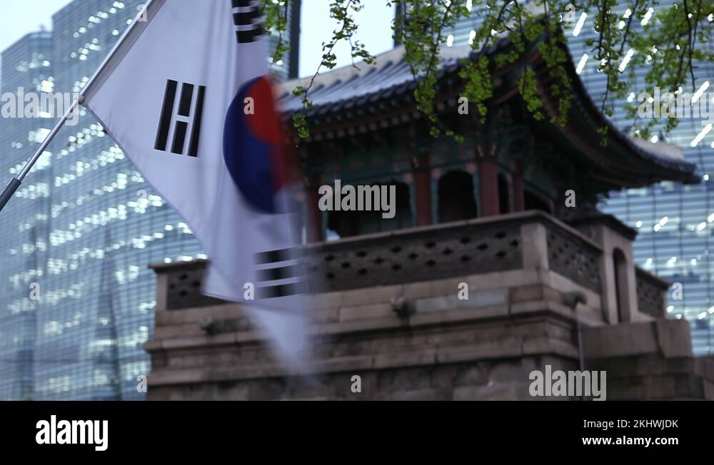 South Korea, Flag, Seoul Dongsibjagak Watchtower, Gyeongbokgung, time ...