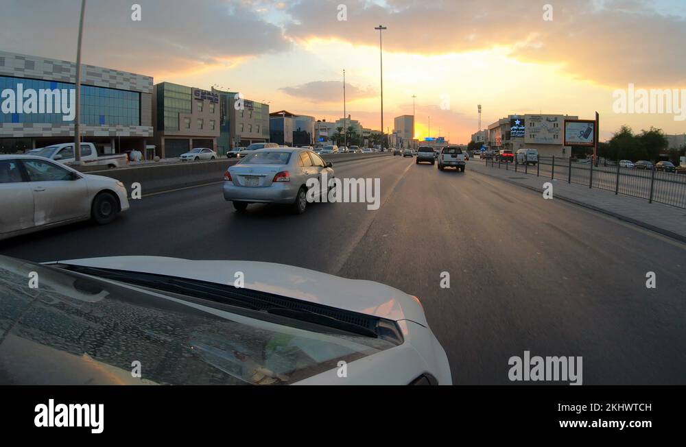 Saudi Arabia urban transport and infrastructure, sunset on highway ...