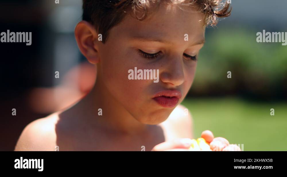 Handsome young boy eating corn outside. Child eats healthy snack ...