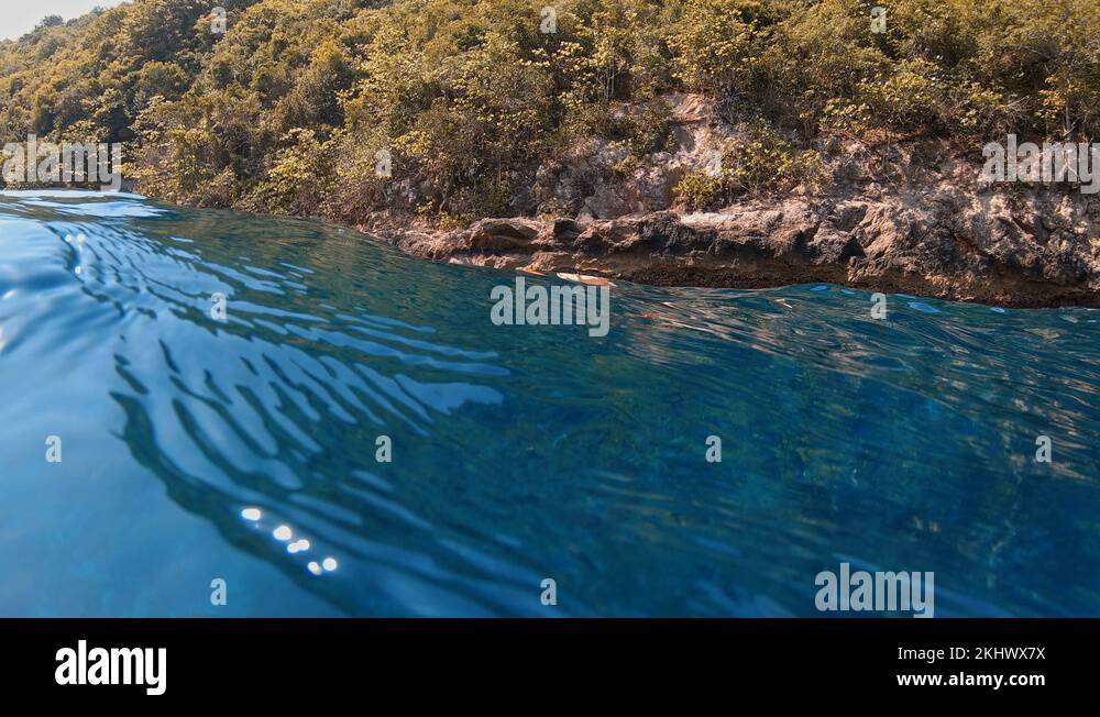 Trash litter in sea water, underwater shot of environmental pollution ...