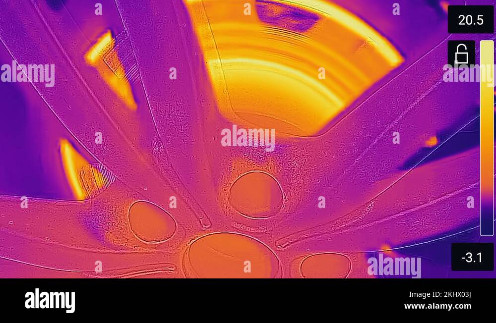 Closer look of the brake disc of the car using the thermal camera ...