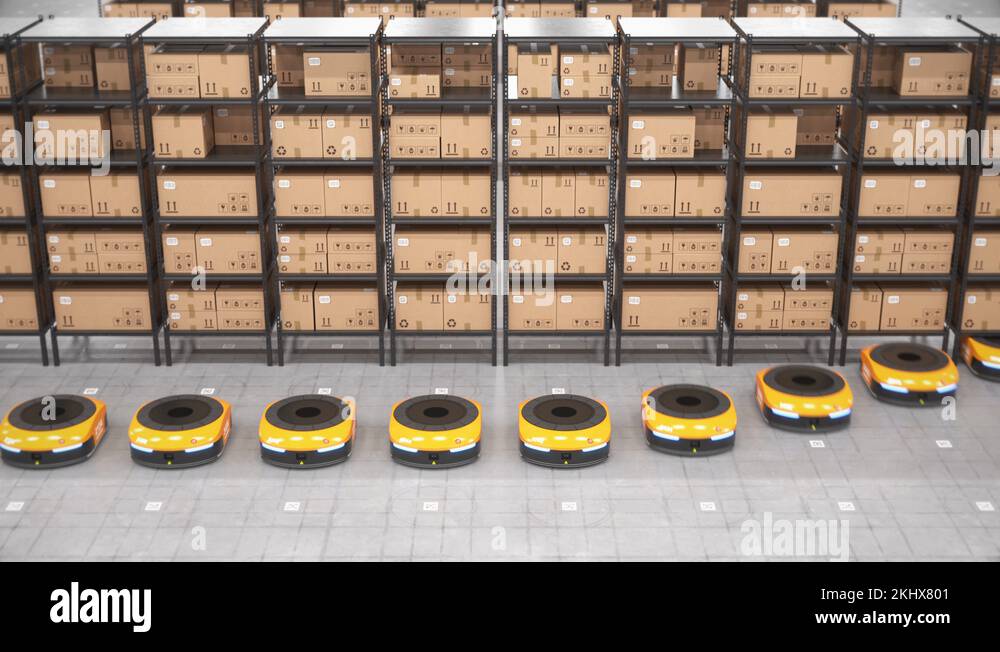 Row of autonomous robots move racks in automated warehouse, seamless ...