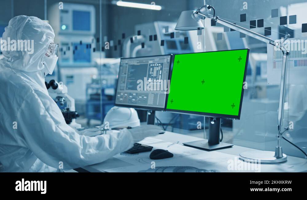 Research Factory Cleanroom: Engineers Use PC Computer with Mock Up ...