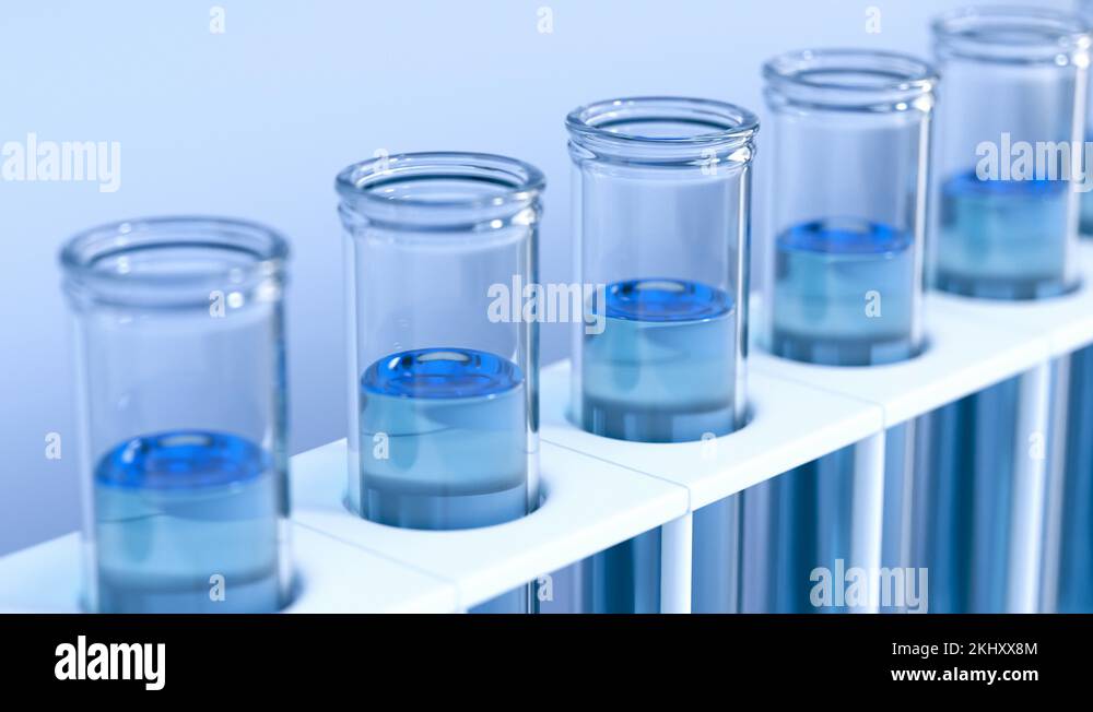 Loopable animation of test tubes filled with blue liquid. Side view ...