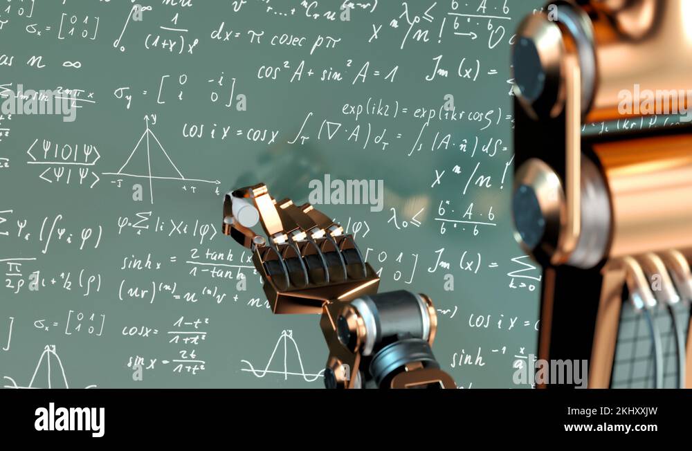Futuristic robot writing on the green board complicated mathematical ...
