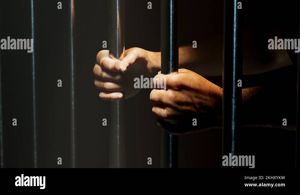 View At Prisoners Hands Behind Bars Sentenced Man Prison Jail