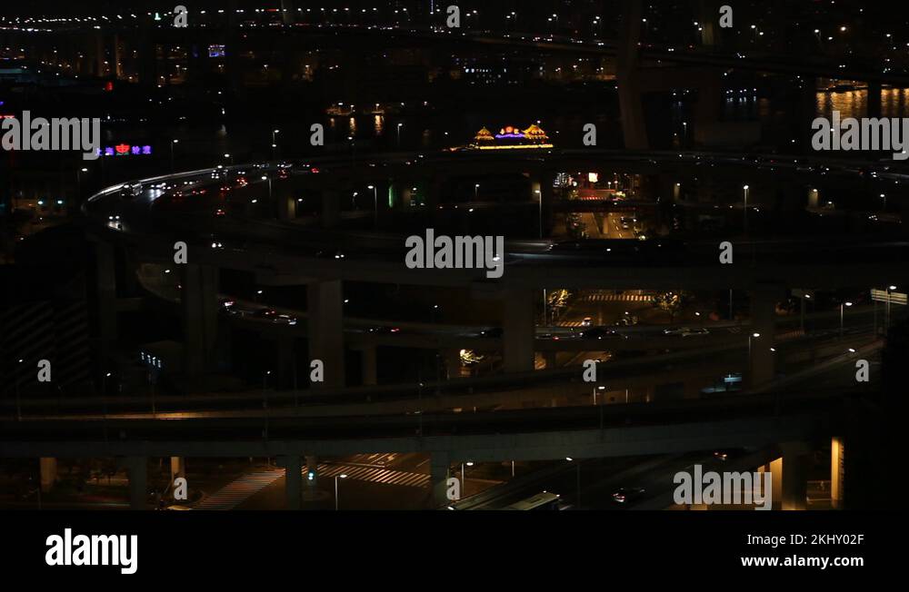 Night Aerial View of Shanghai, China, Nanpu Bridge Interchange, Huangpu ...