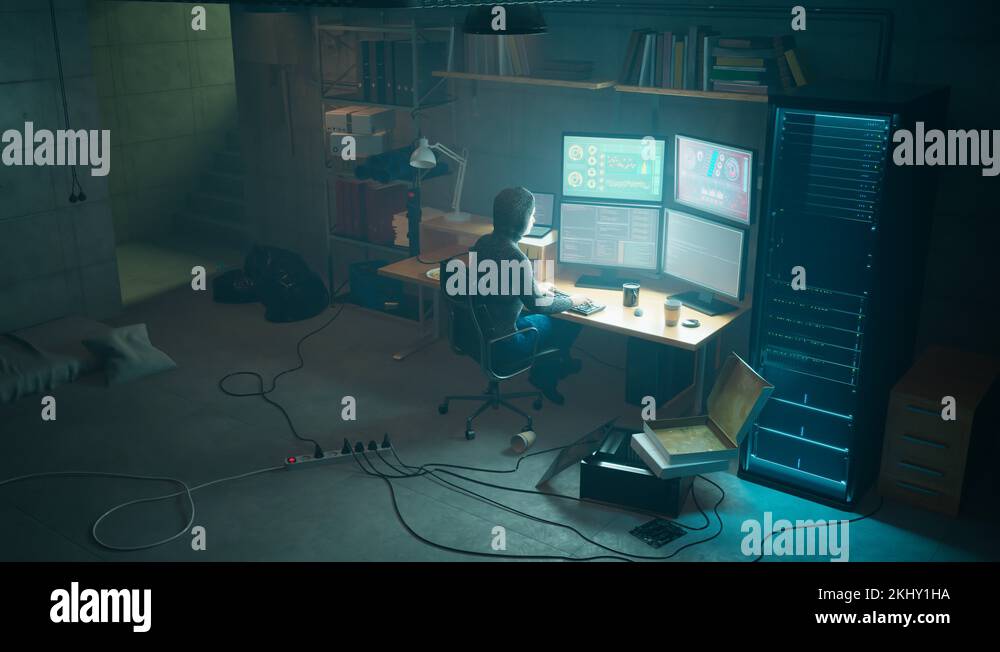 Hacker room. Digital attack. Data stealing using cyberspace. Network ...