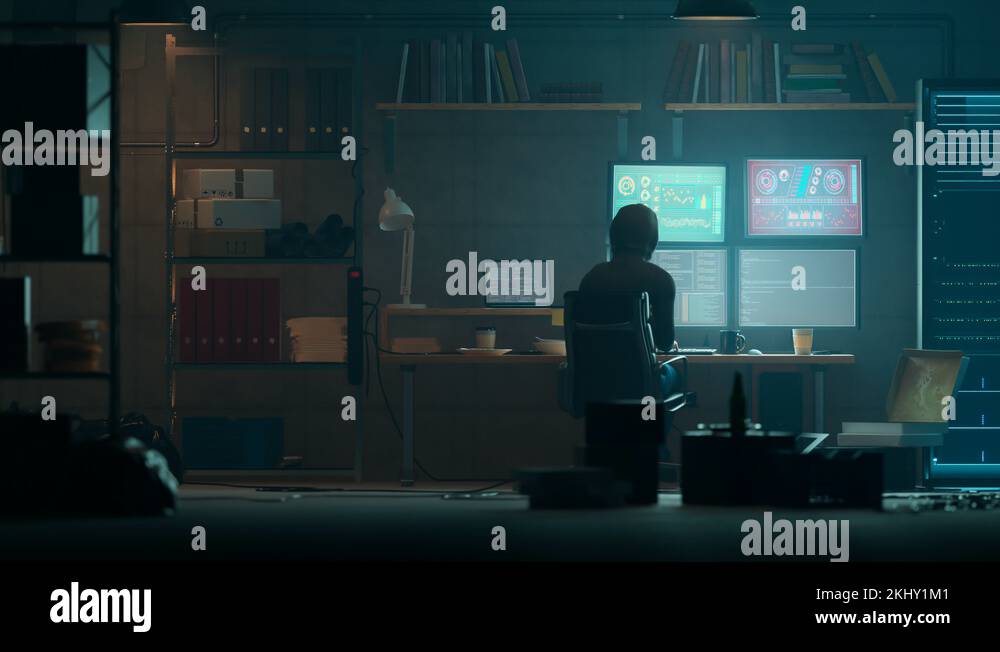 Hacker room. Digital attack. Data stealing using cyberspace. Network ...