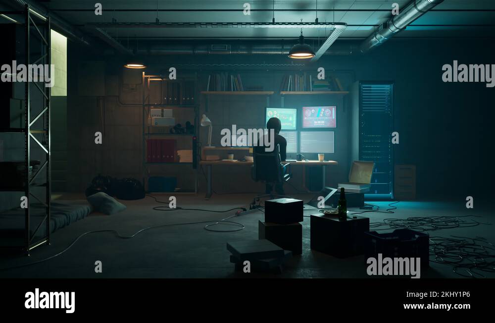 Hacker room. Digital attack. Data stealing using cyberspace. Network ...