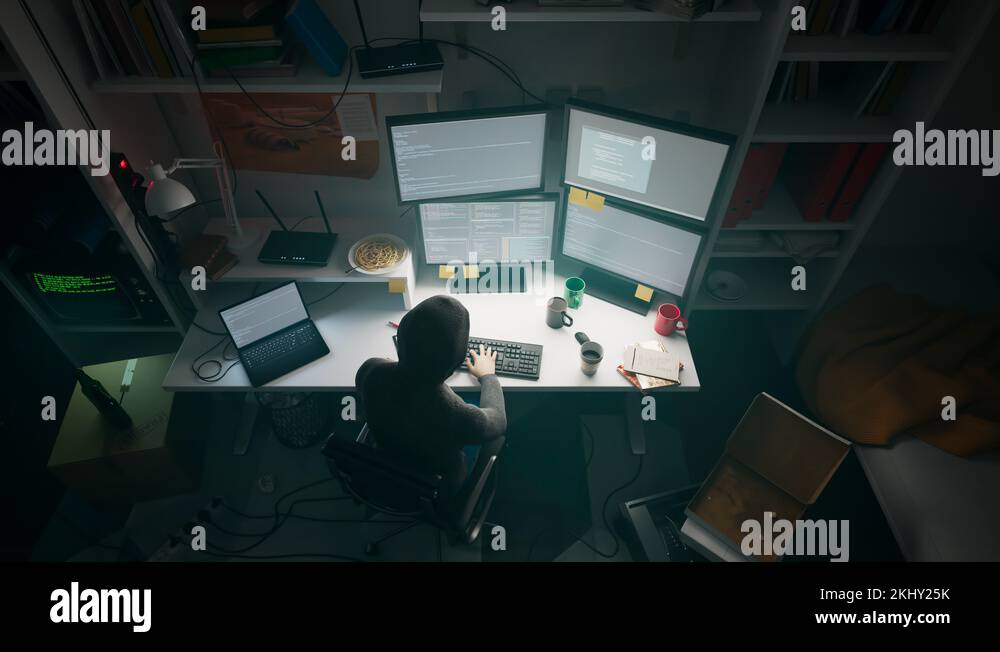 Hacker room. Digital attack. Data stealing using cyberspace. Network ...