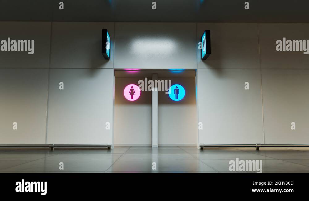 Public toilets at the airport terminal or other station. Woman. Man. WC ...