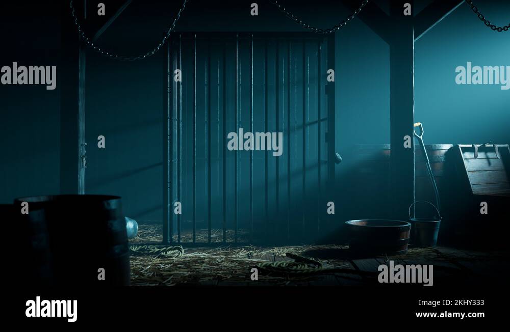 Empty metal cage. Box with iron bars prepared for dangerous creatures ...