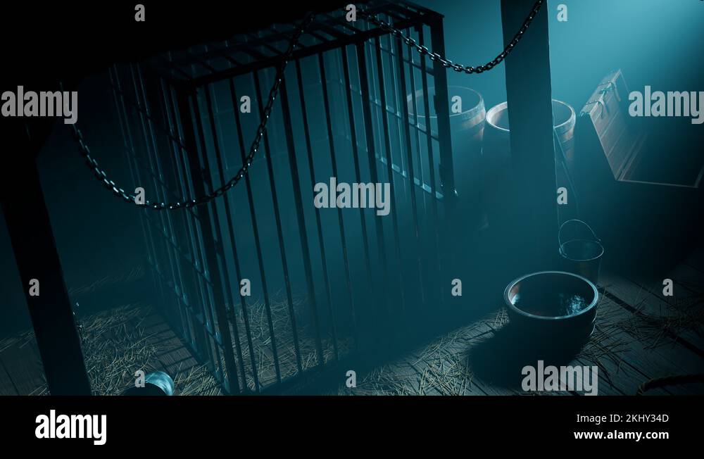 Empty metal cage. Box with iron bars prepared for dangerous creatures ...