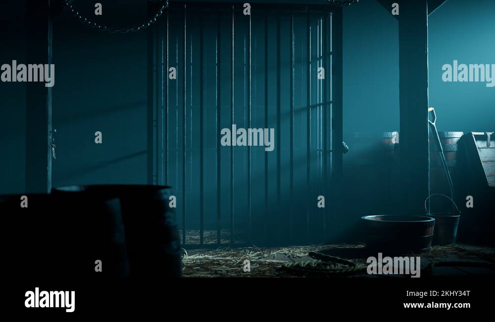 Empty metal cage. Box with iron bars prepared for dangerous creatures ...