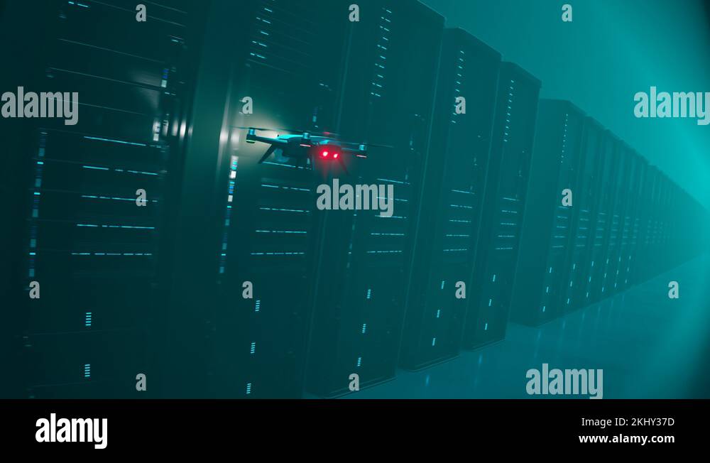 Loopable animation with working drone scanning servers in a dark hall Render 4K Stock Video ...