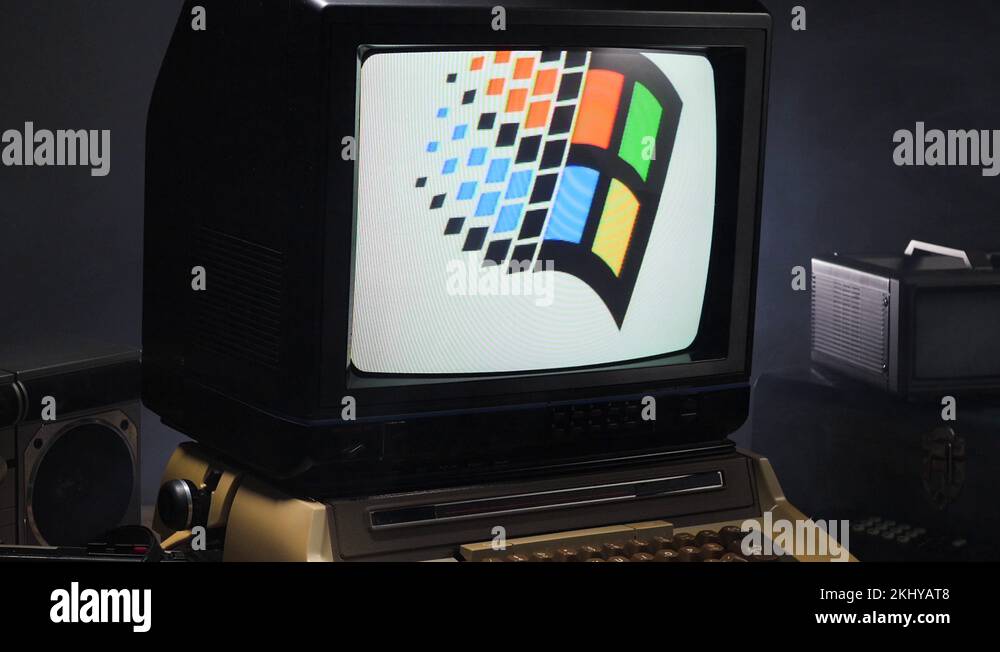 Vintage Computer With Microsoft Windows Logo on the Old Monitor Stock ...