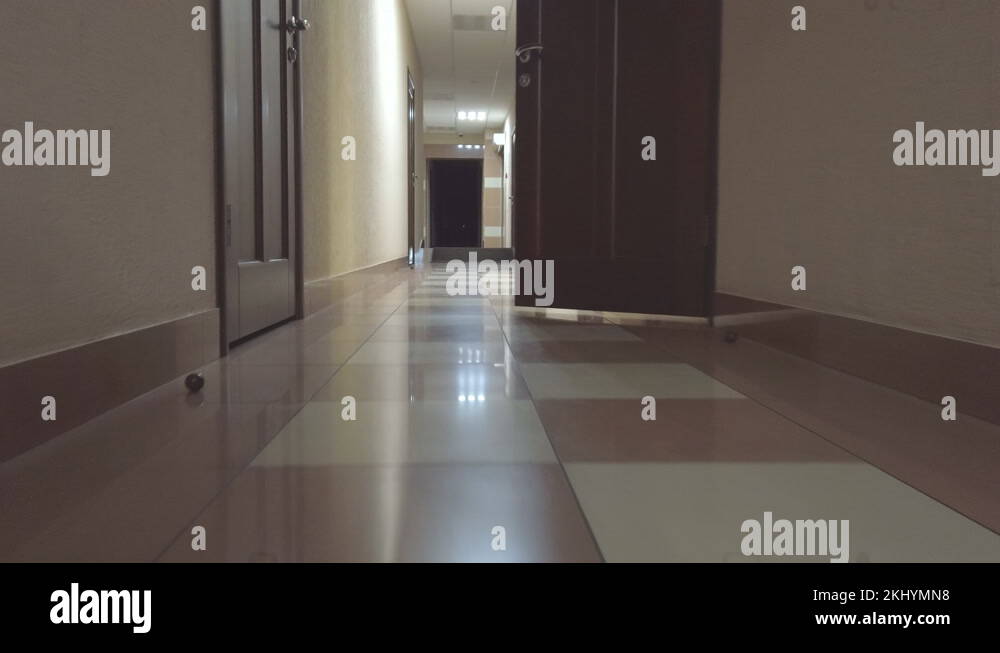 The camera moves above the floor in a corridor with doors Stock Video ...