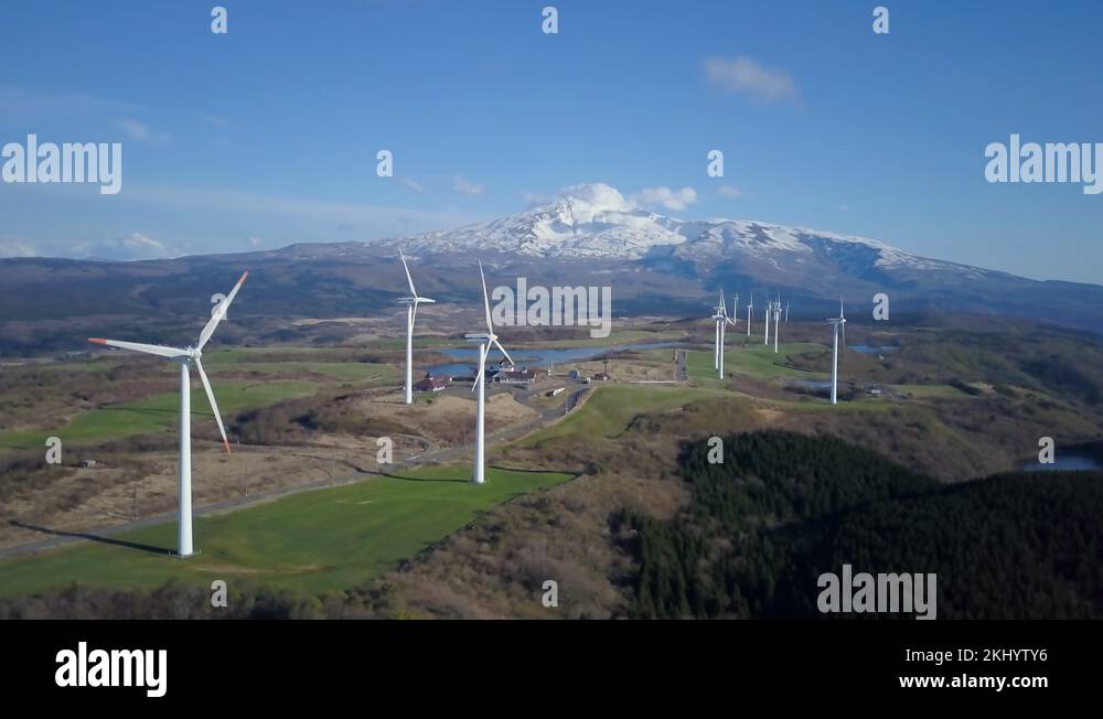 WS AERIAL Mount Chokai and wind turbines, Yuza, Yamagata Prefecture ...