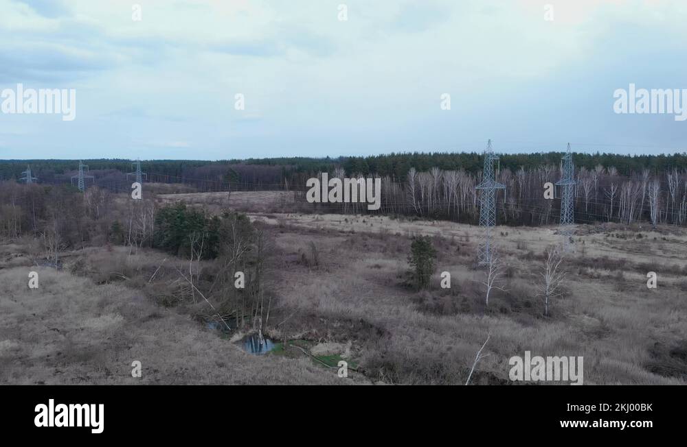 Electric high voltage pylons in forest. Transmission towers ...
