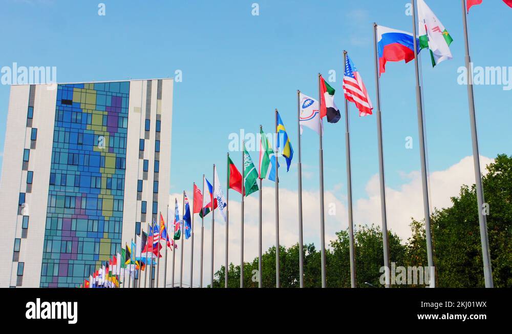 foreign country flags waved by wind on poles under blue sky Stock Video ...