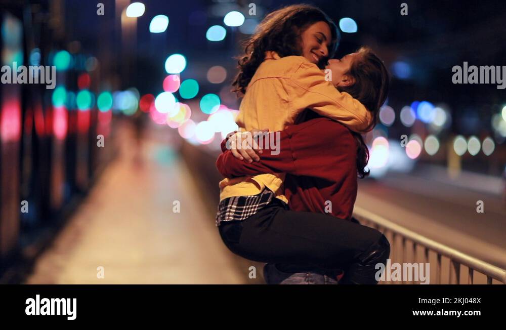 Lgbt Lesbian Couple Kissing At Night Stock Video Footage Alamy