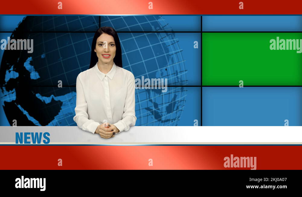 Attractive female news presenter in broadcasting studio with green ...