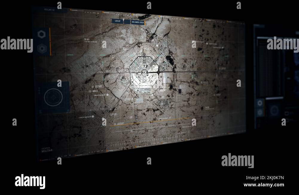 Sattelite spy radar scan Military city. Terrorist drones detected. UI ...