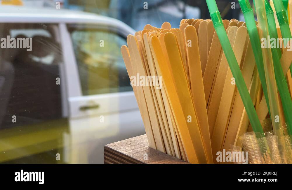 Bar counter in coffee shop, view through cafe window on a city street ...