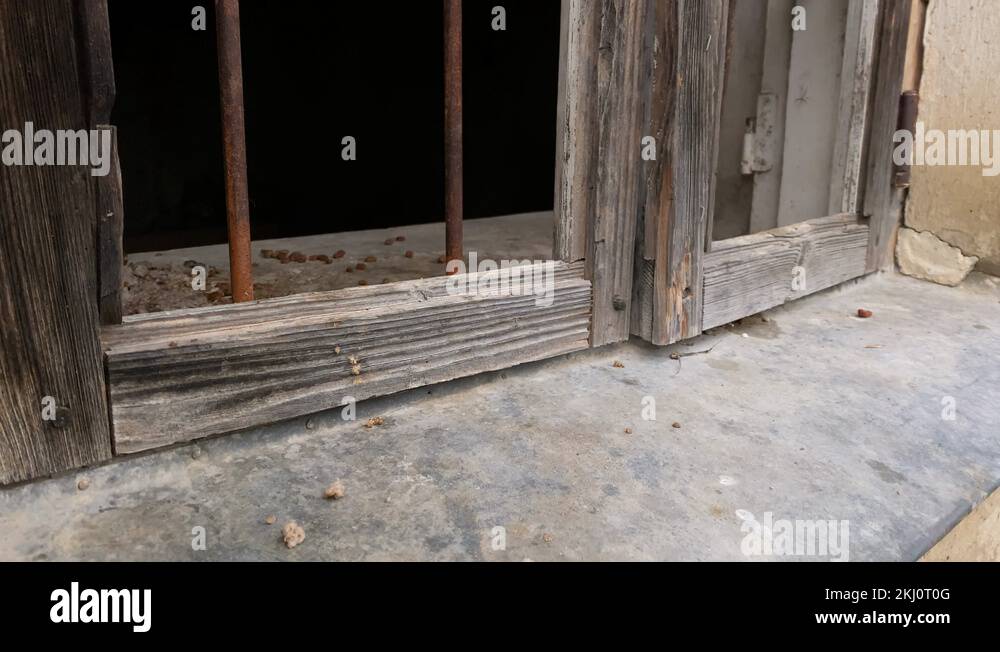 Abandoned old house stone wall, broken glass window with rusty bars ...