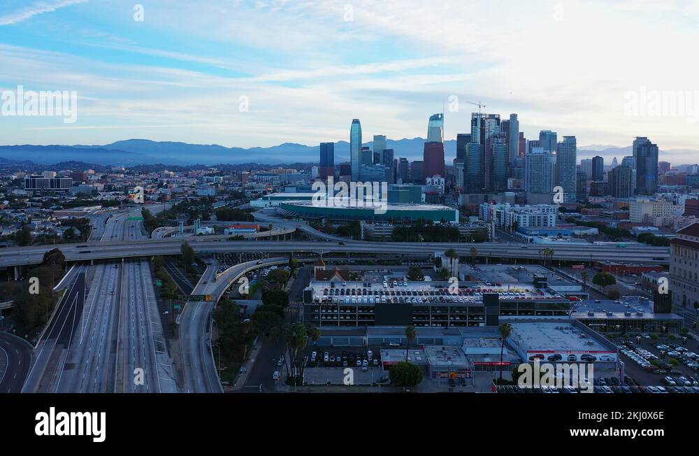 Early morning urban aerial view of downtown Los Angeles city and ...