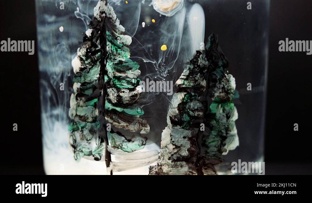 White paint floating in water tank with pine tree drawing inside ...