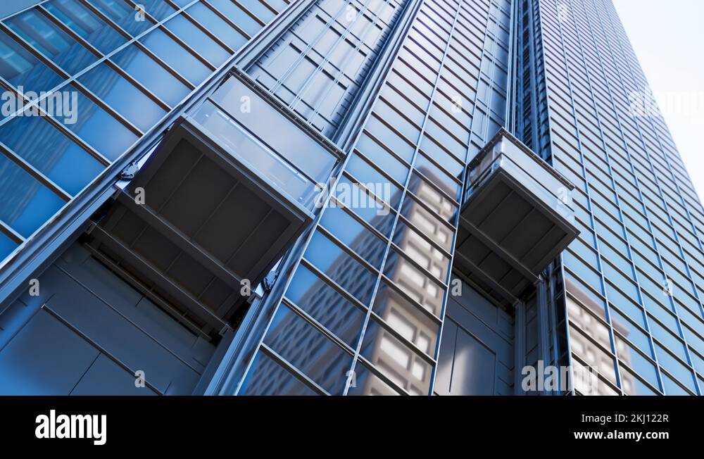 Exterior elevator cabins traveling upwards on a skyscraper glass facade ...