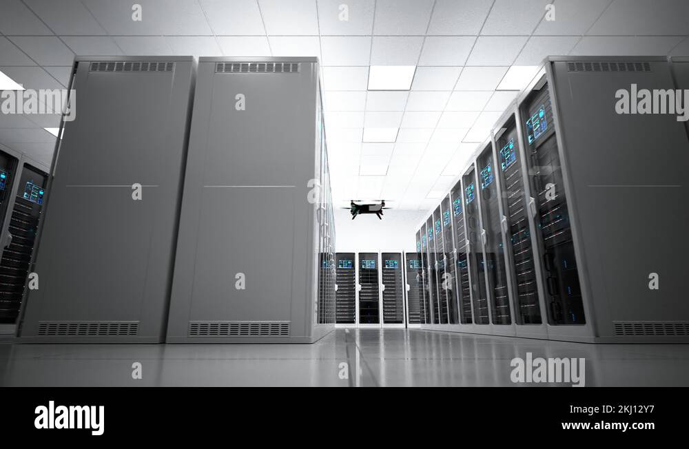Loopable animation with working drone scanning servers in a dark hall Render 4K Stock Video ...