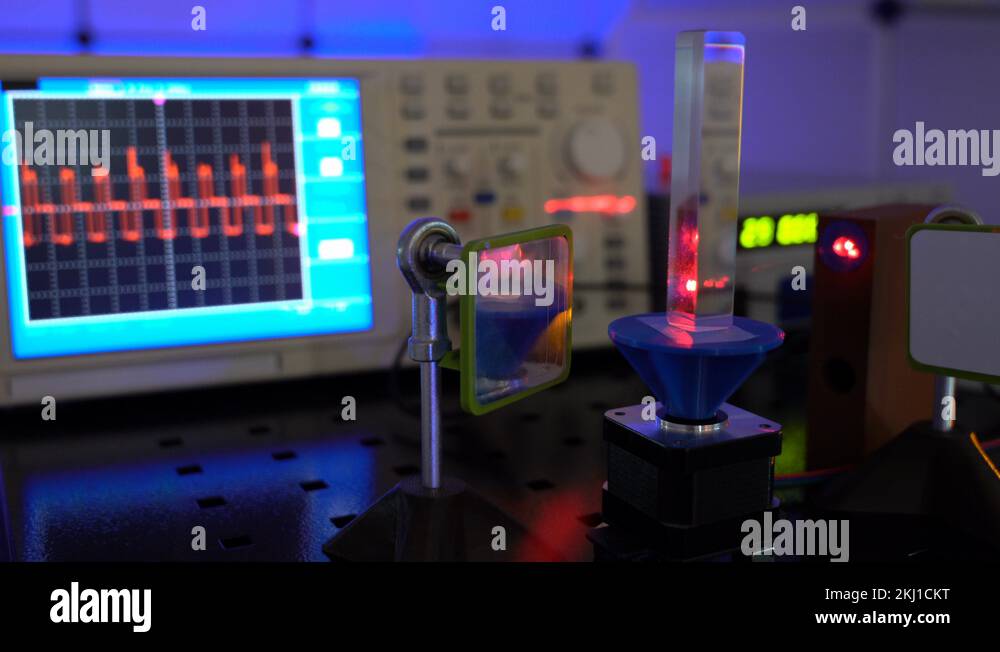 laser in a quantum optics lab. Semiconductor laser on optical table in ...