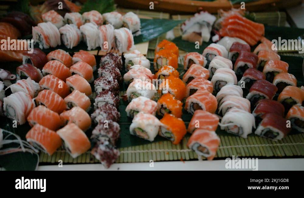 Maki and sushi presentation on a buffet Stock Video Footage - Alamy