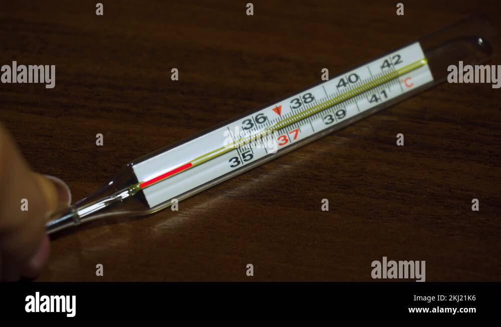 Mercury thermometer in woman hands using animation shows rising ...