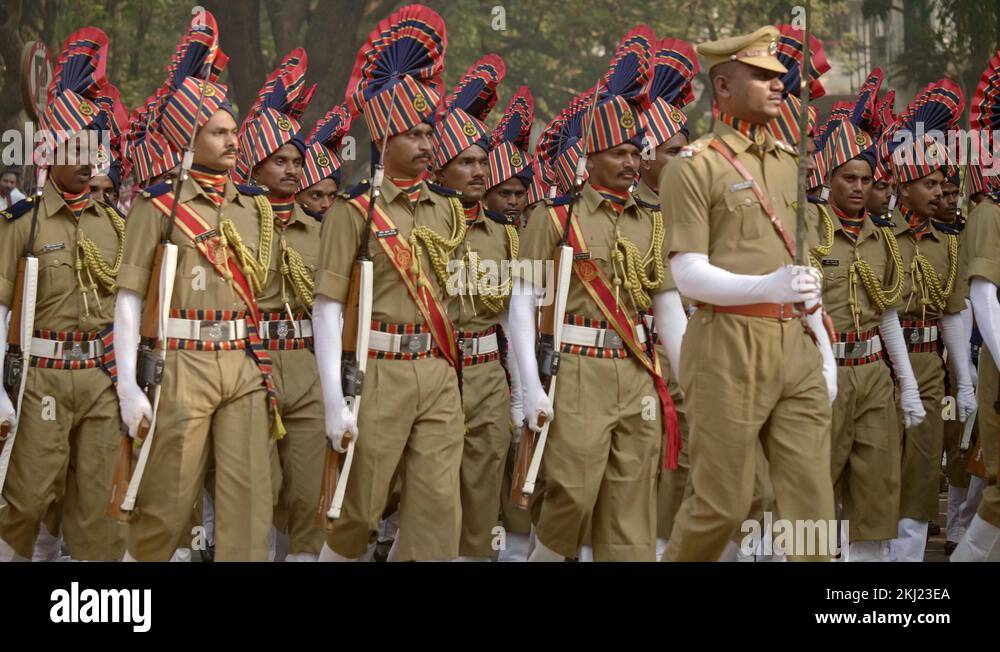 Indian police/ soldiers/ military force/ army marching/ performing in ...