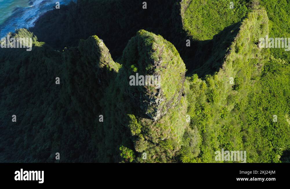 Haena State park. Aerial view of the coastal mountain crest and the ...