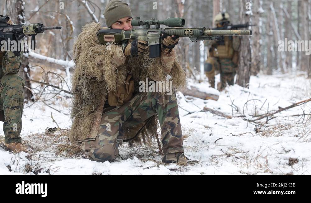 in the forest, soldiers in camouflage take aim and shoot at the enemy ...